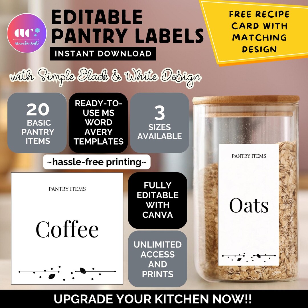 Minimalist Pantry Labels, Black and White Jar Stickers, Editable Canva ...