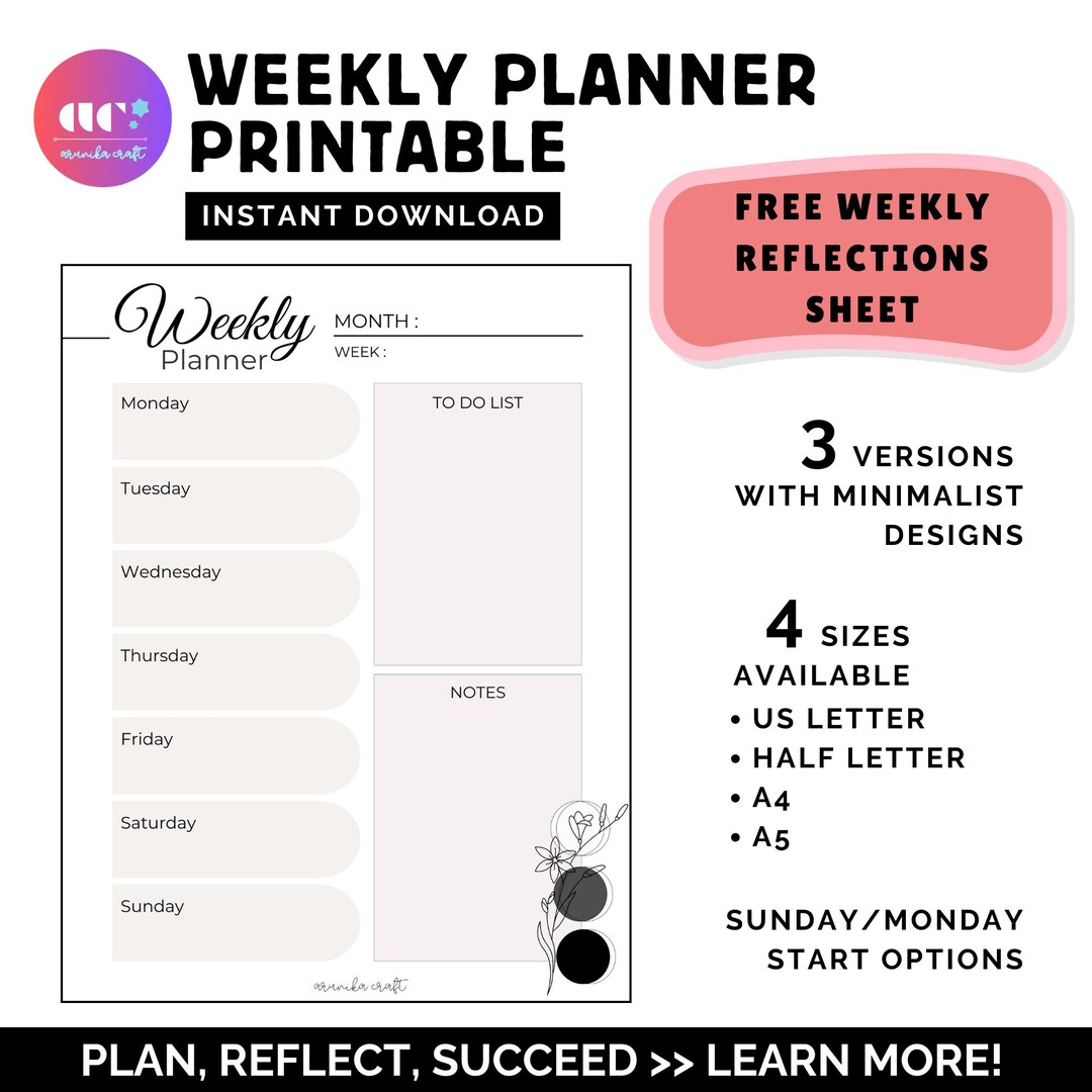 Weekly Planner Printable Minimalist Undated Letter Size Planner ...