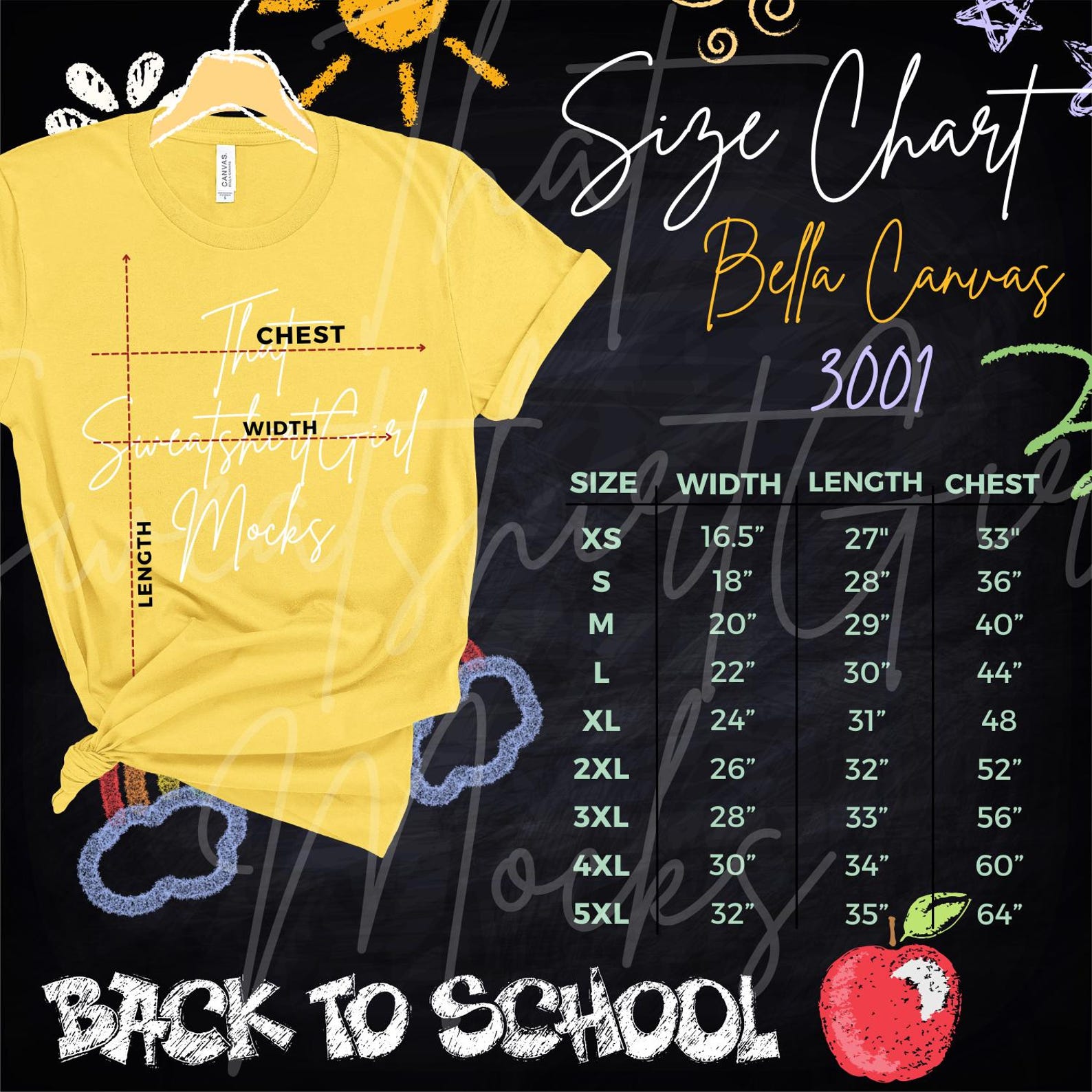Tshirt Size Chart, Shirt Size Chart, School Mockup, Yellow Size Chart ...