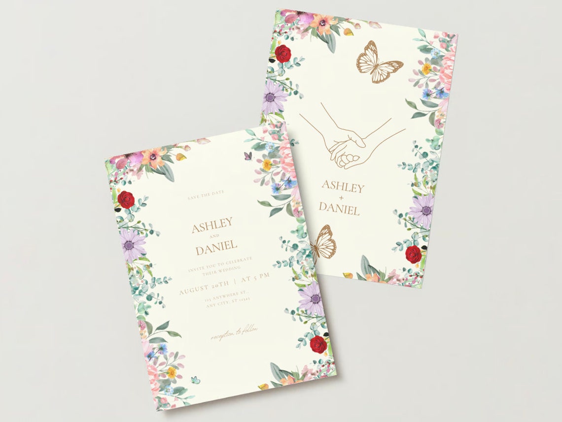 Wedding Invitation Colorful, Downloadable Invitation, Floral Wedding ...