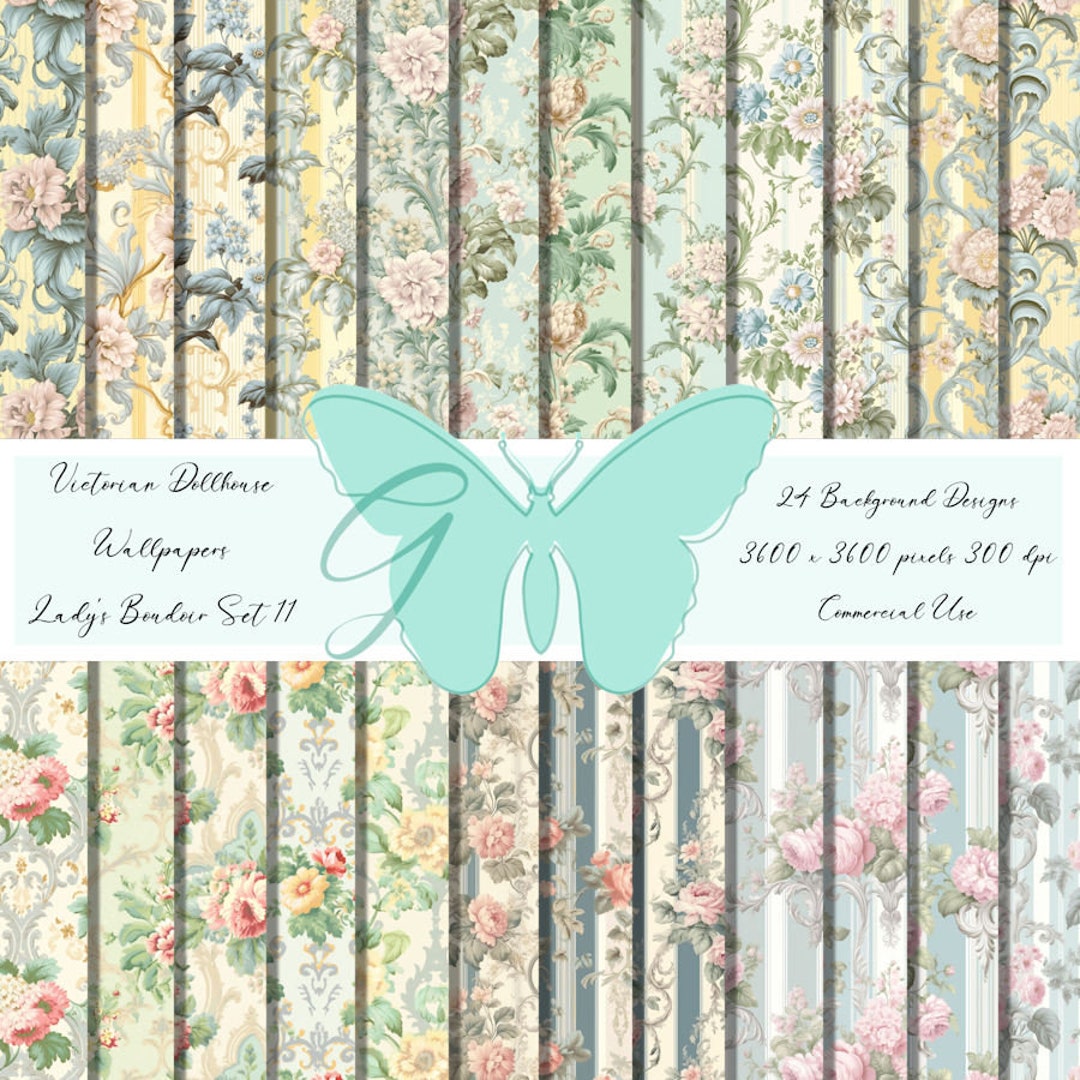 Victorian Lady Boudoir Dollhouse Wallpaper, Pastel Floral Pattern, 1 ...