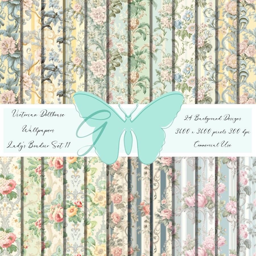 Victorian Lady Boudoir Dollhouse Wallpaper, Pastel Floral Pattern, 1 ...