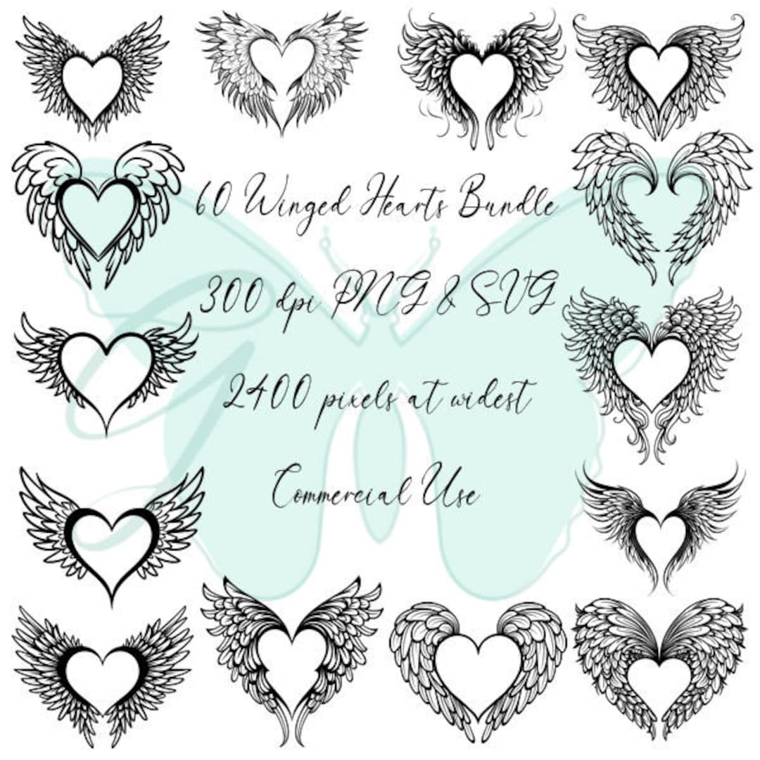 60 Doodle Winged Heart PNG Bundle, Wings Hearts SVG, Love Design ...