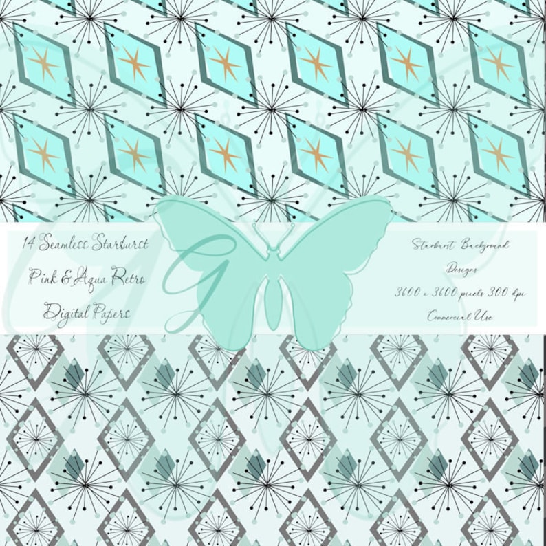 Retro Starburst Digital Paper: 1950s Pink Aqua Patterns (commercial Use ...