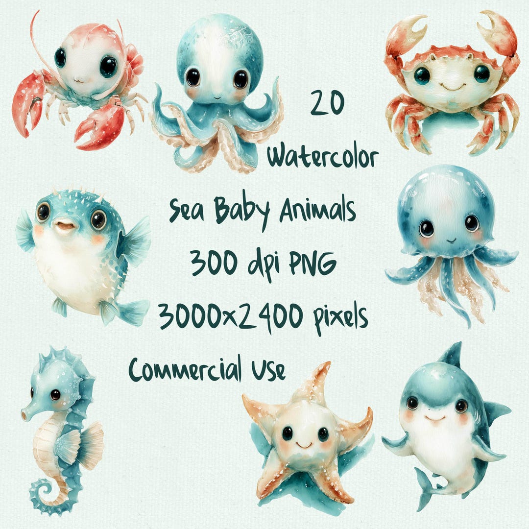 20 Cute Sealife Clipart Watercolor Sea Baby Animals Bundle PNG Undersea ...