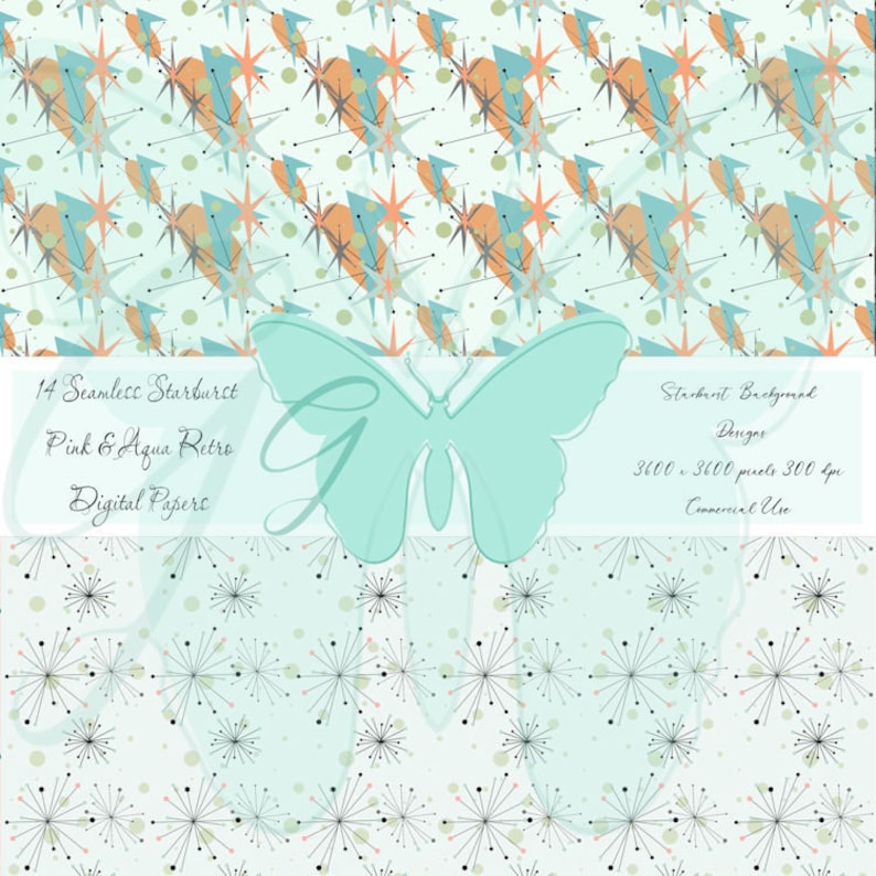 Retro Starburst Digital Paper: 1950s Pink Aqua Patterns (commercial Use ...