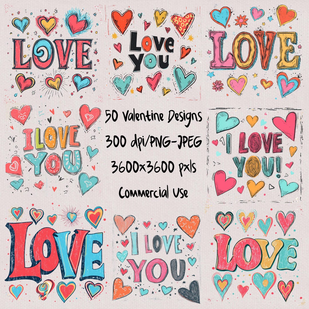 50 Valentine Designs, 3x3 Heart PNG, Hearts Valentines PNG Bundle ...