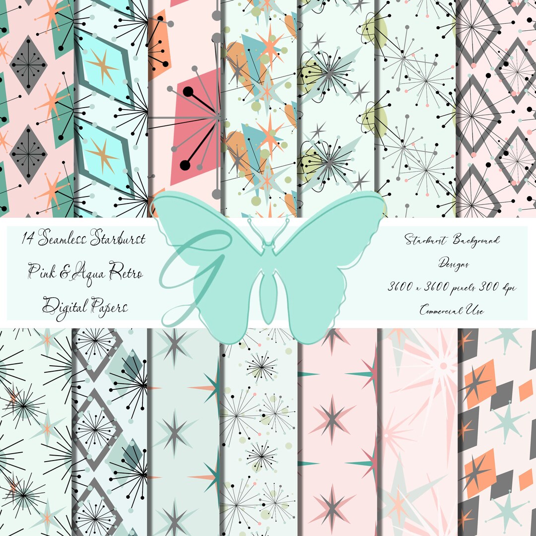 Retro Starburst Digital Paper: 1950s Pink Aqua Patterns (commercial Use ...