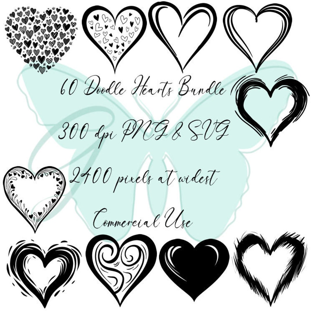 60 Doodle Heart PNG Bundle, Valentines Hearts SVG, Love Design Clipart ...