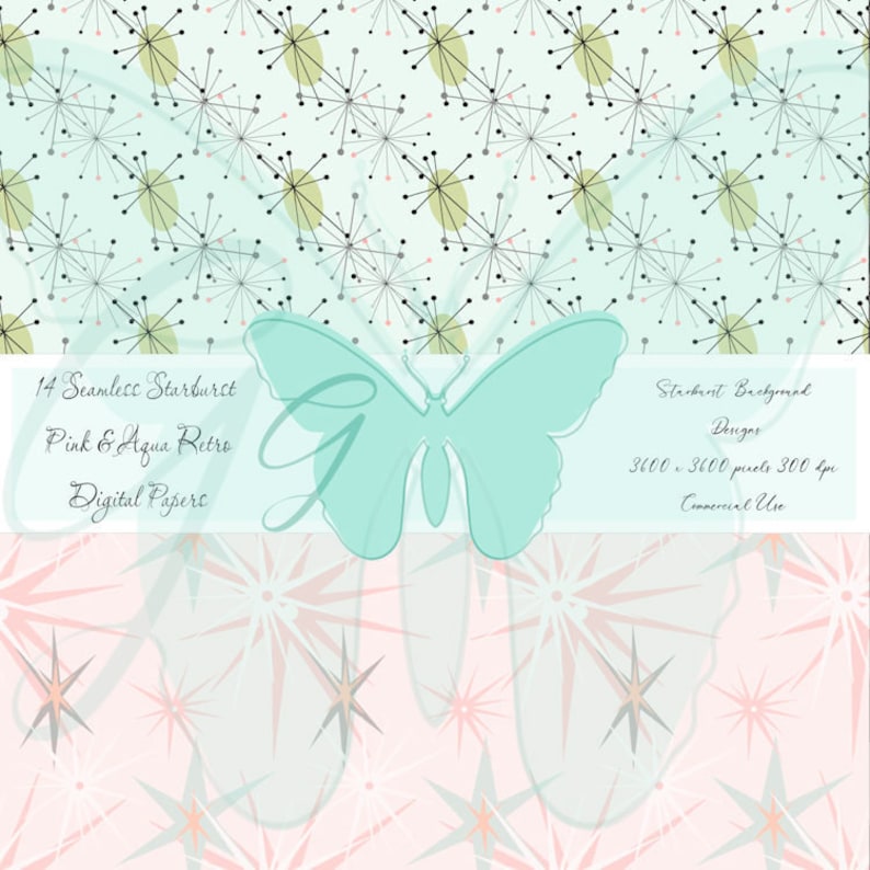 Retro Starburst Digital Paper: 1950s Pink Aqua Patterns (commercial Use ...