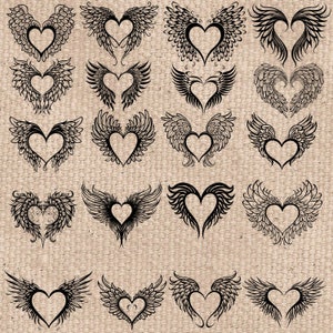 60 Doodle Winged Heart PNG Bundle, Wings Hearts SVG, Love Design ...
