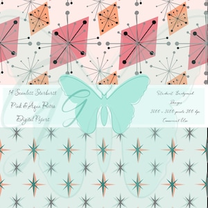 Retro Starburst Digital Paper: 1950s Pink Aqua Patterns (commercial Use ...