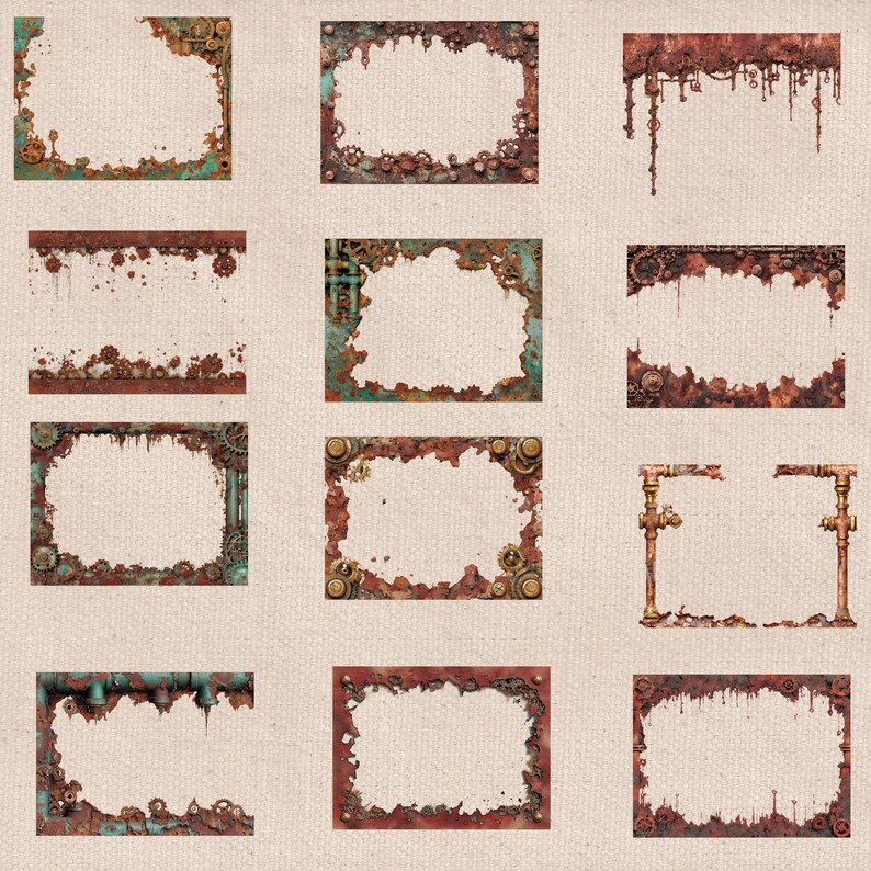 36 Steampunk Grungy Red Rust Frame Overlay, Industrial Textures, Old ...
