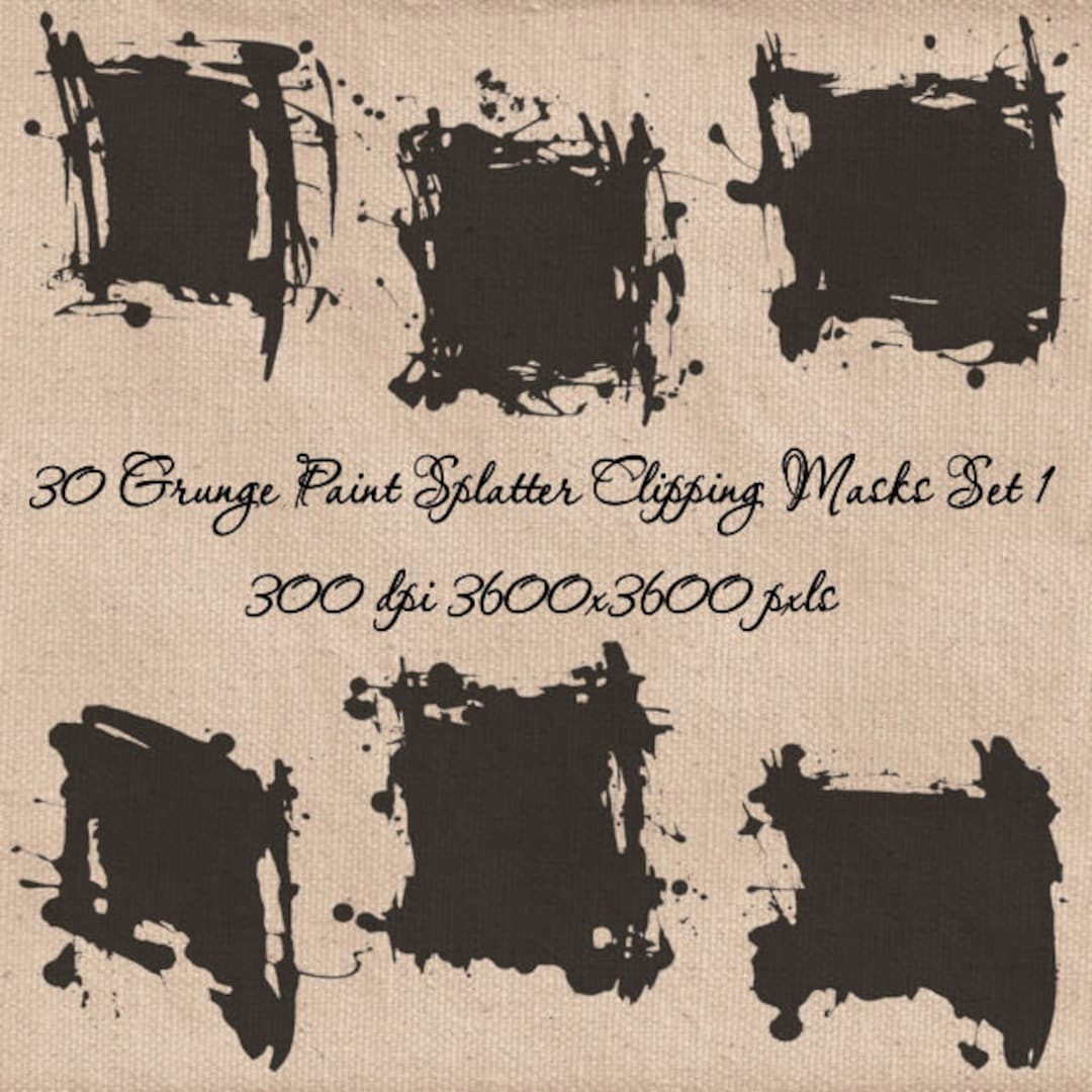 30 Grunge Splatter Clipping Masks: Black Texture Overlays (PNG Digital ...