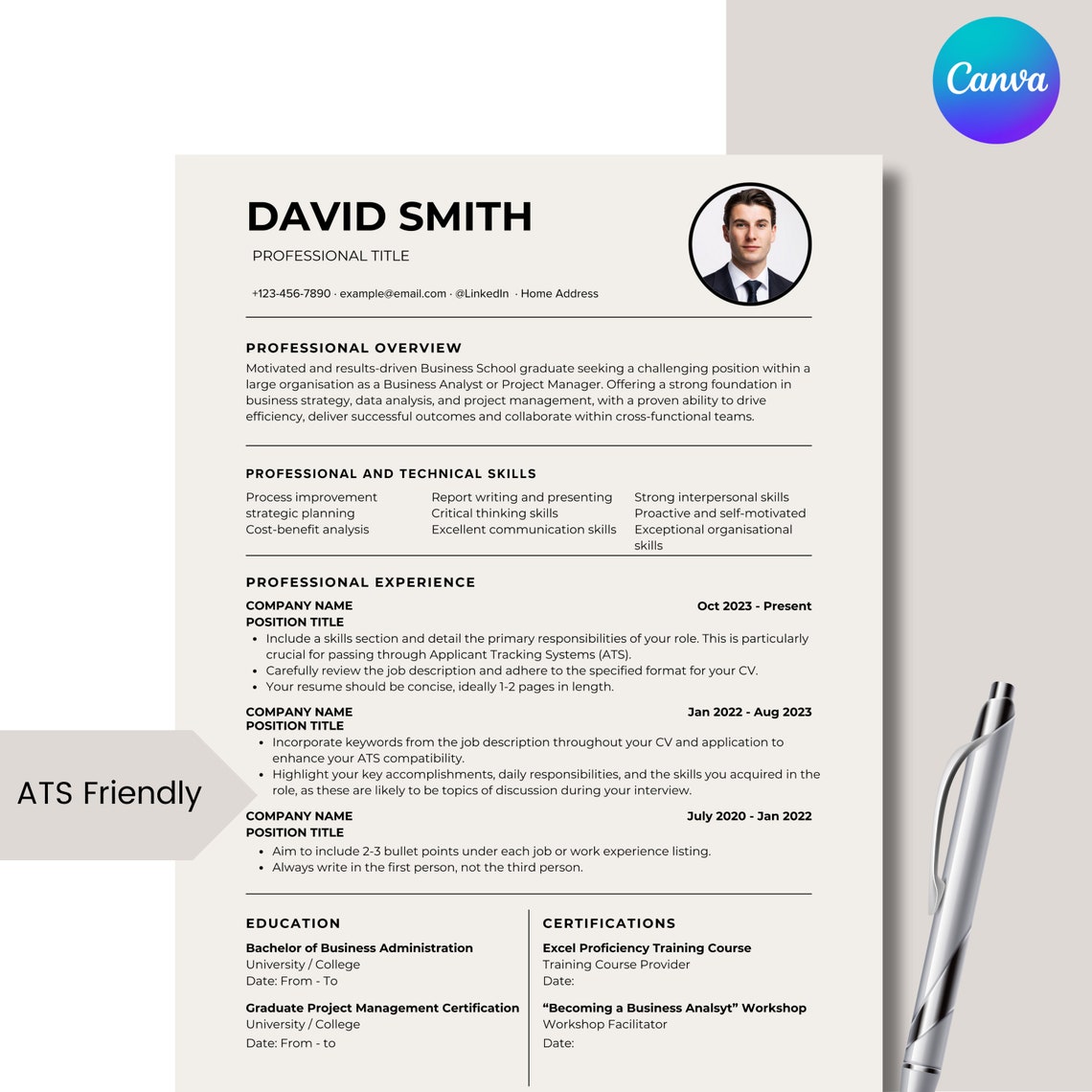 ATS Friendly Template Professional Resume Template With Photo Resume ...