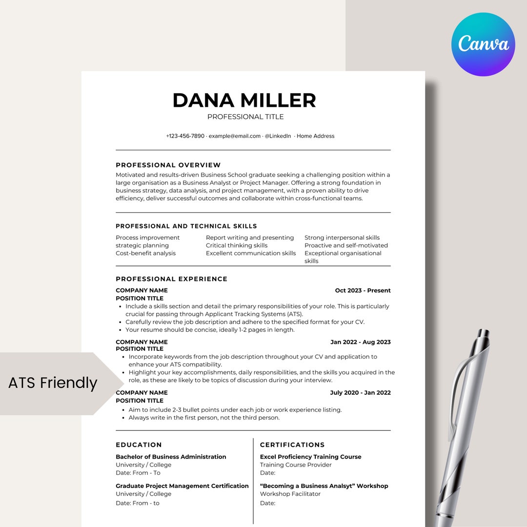 Professional CV Template ATS Friendly Template Resume Template Cover ...