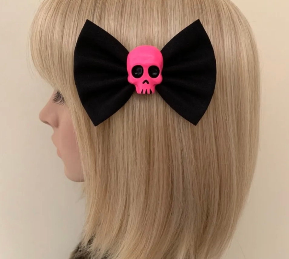 Pink Skull Hair Bow, Green Skull Bow, Halloween Accessories, Rockabilly ...