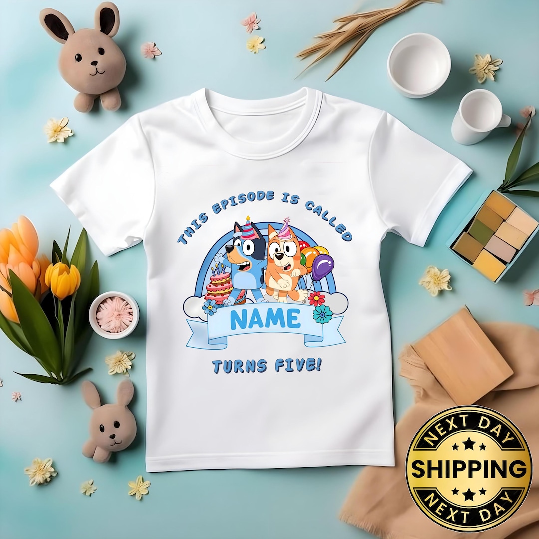 Custom Bluey Kids Birthday T-shirt, Personalised Name and Age Blue Dog ...