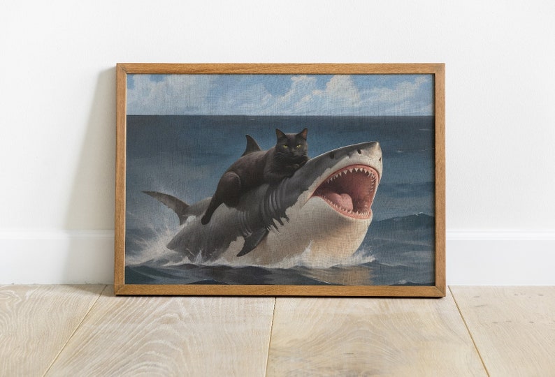 Funny Cat Riding Shark Art: Weird Renaissance Meme Poster - Etsy