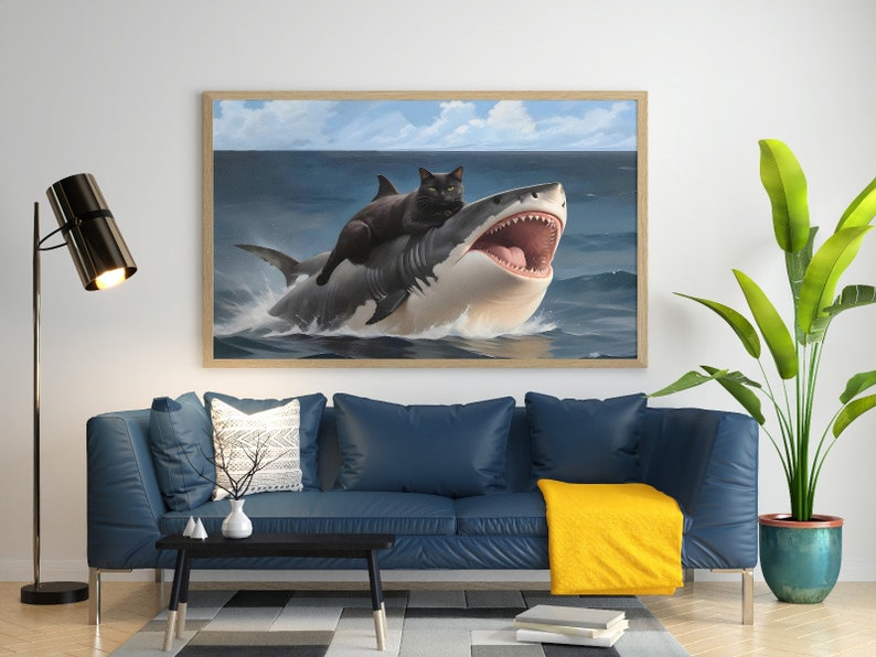 Funny Cat Riding Shark Art: Weird Renaissance Meme Poster - Etsy