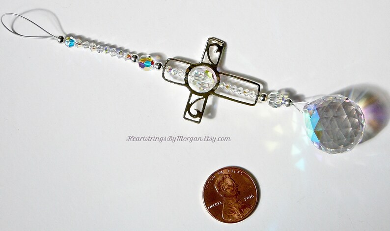 Cross With Heart Rearview Mirror Car Charm, Swarovski Aurora Borealis ...