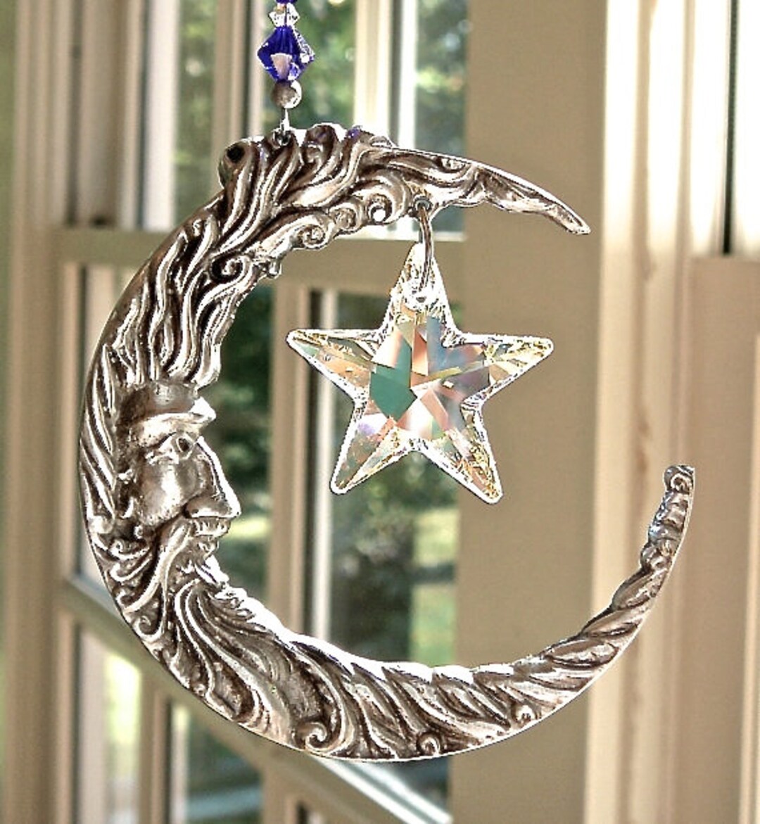 Large MOON and STAR Suncatcher, Large Pewter Crescent Moon, Swarovski 1 ...