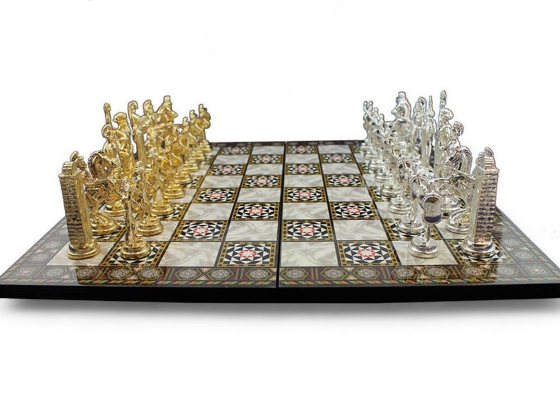 Metal Greek Chess Set Foldable Glossy MDF Chess Board With Mother of ...