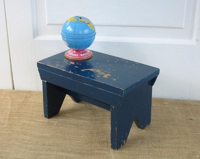 Vintage Wood Stool, Navy Blue Stool, Blue Stool, Vintage Foot Stool ...