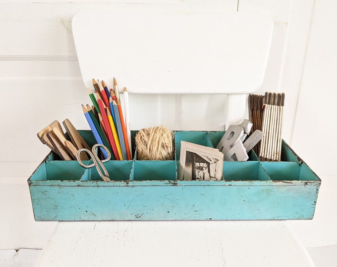Vintage Metal Divided Box, Aqua Blue Metal Box, Industrial Storage ...