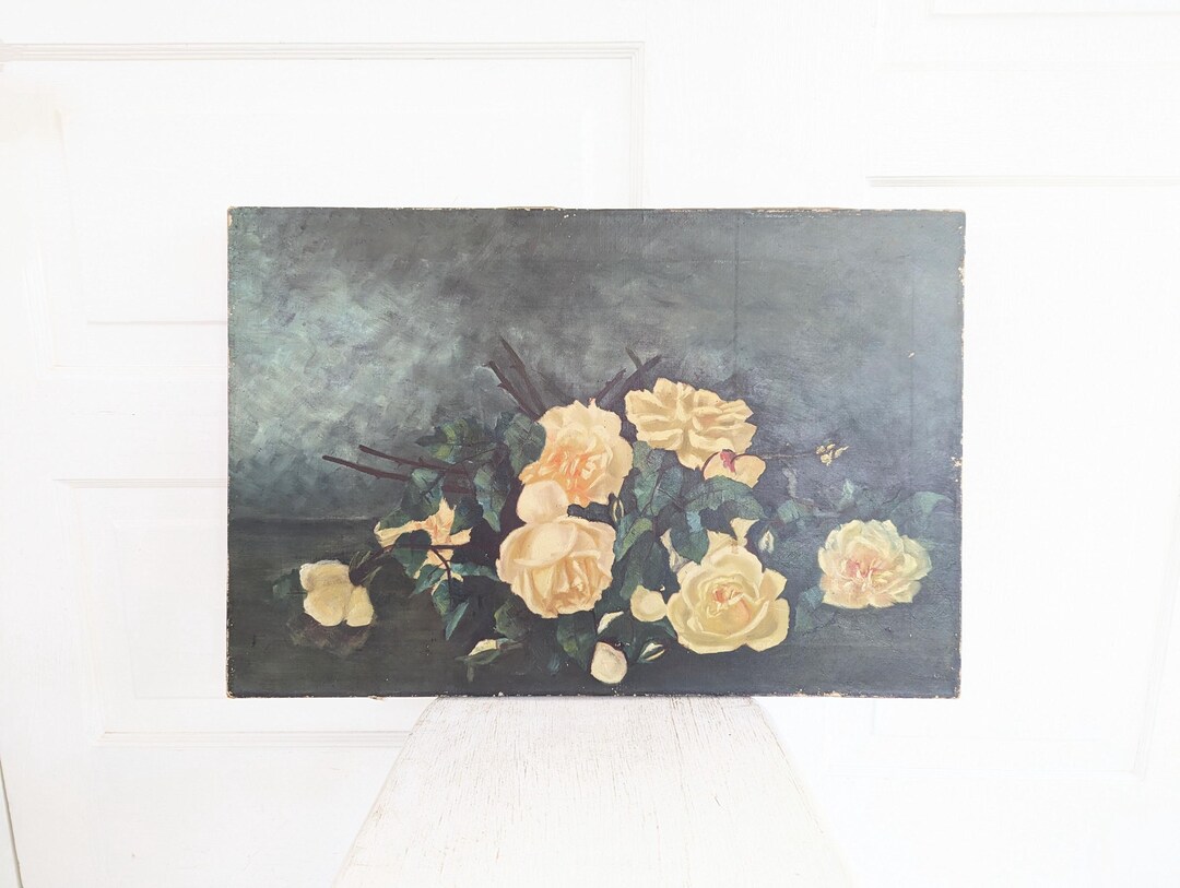 Large Antique Rose Painting, Antique Yellow Rose Oil Painting, Vintage ...