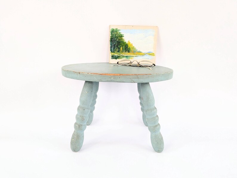 Vintage Blue Stool, Vintage Blue Footstool, Vintage Wood Stool, Shabby ...