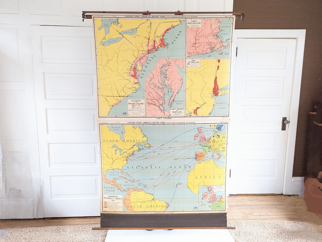 Vintage Pull Down Map European Beginnings in America Africa - Etsy