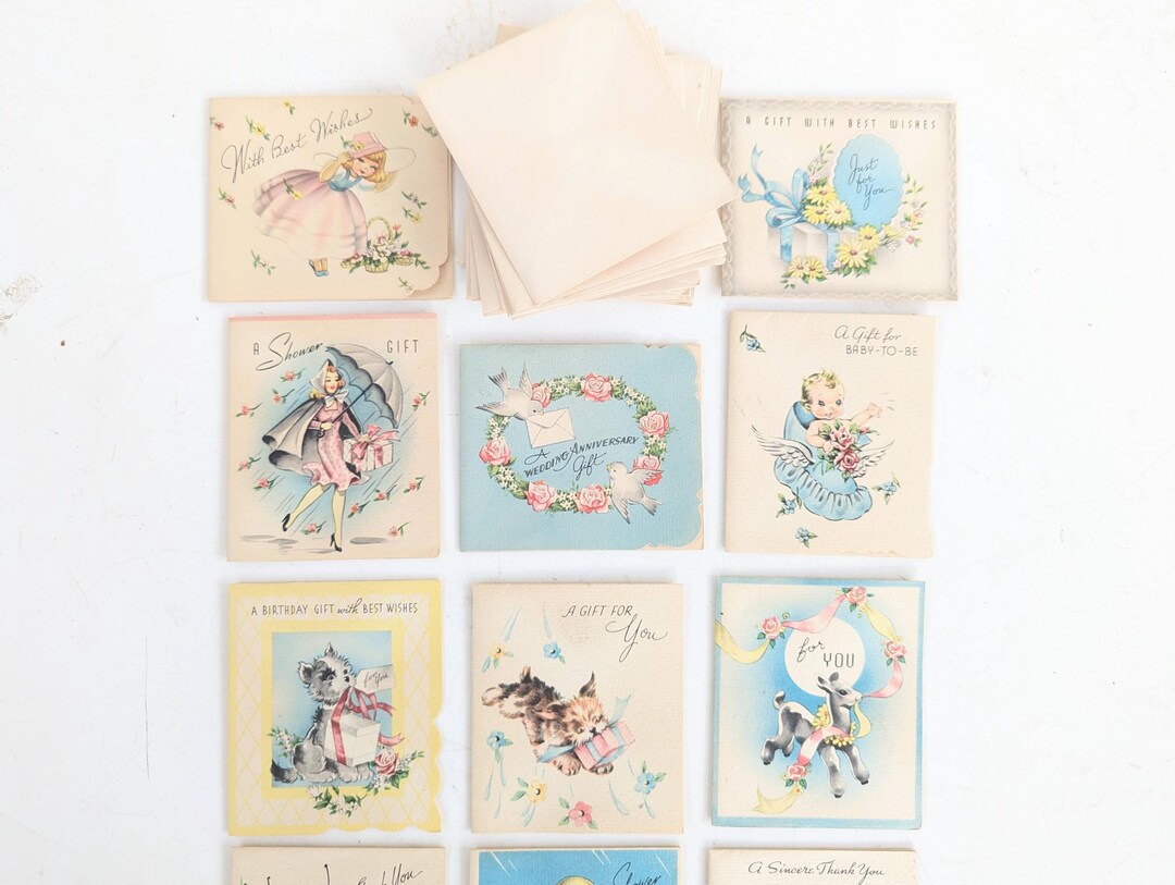 Set of Small Vintage Greeting Cards, Ephemera, Small Cards, Vintage ...