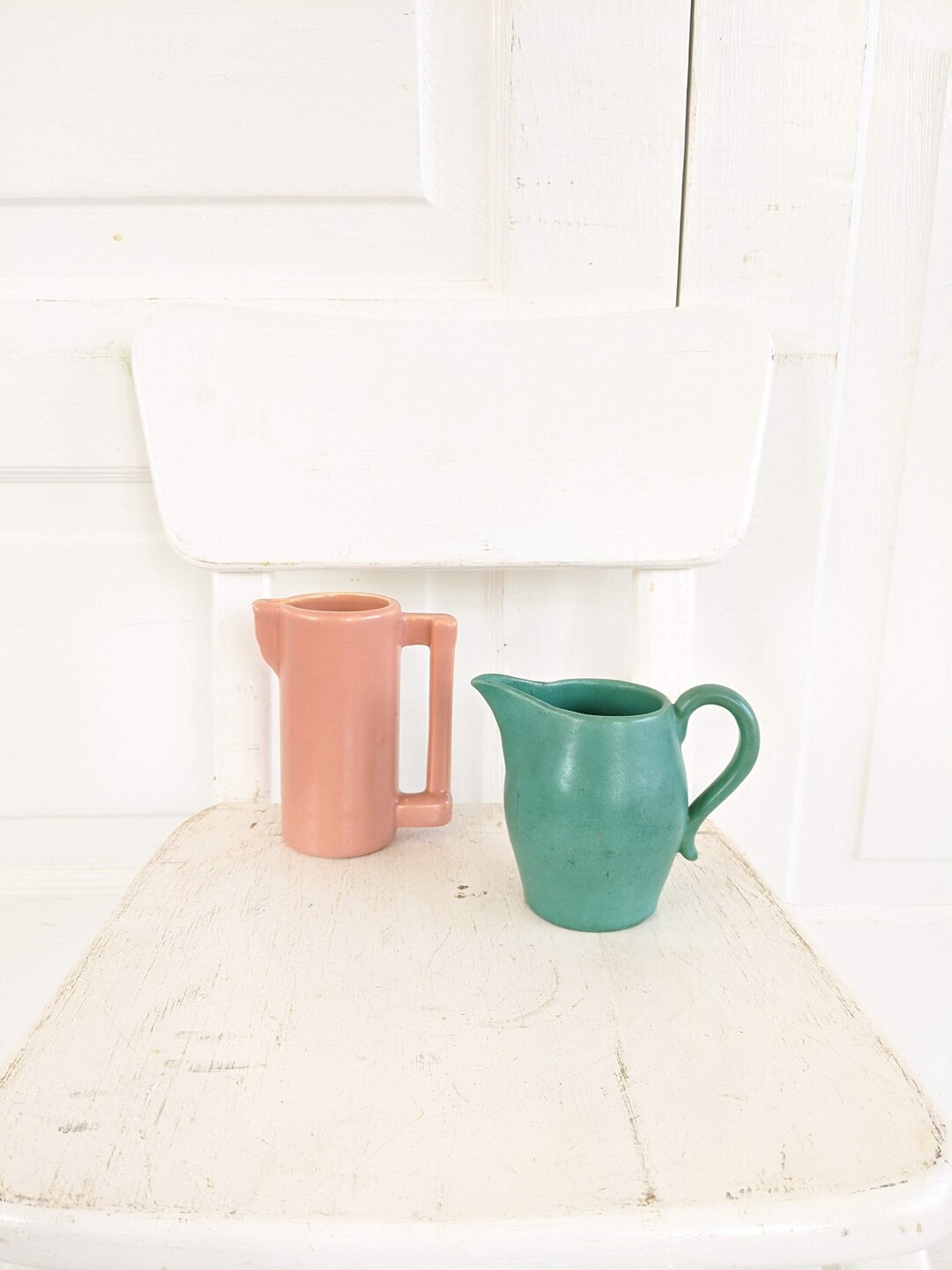 Pair of Small Vintage Pitchers, Small Pink Pottery Pitcher, Small Green ...