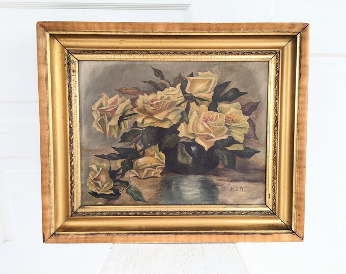 Large Antique Rose Painting, Antique Yellow Rose Oil Painting, Vintage ...