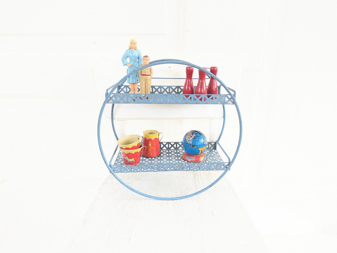 Vintage Blue Metal Shelf, Circular Shelf, Round Wire Shelf, Mid Century ...
