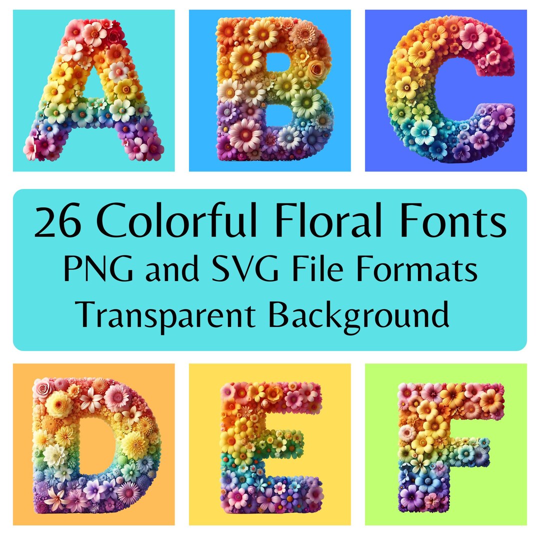 Colorful Floral Alphabet Font Set PNG SVG | 26 Floral Letters | Boho ...