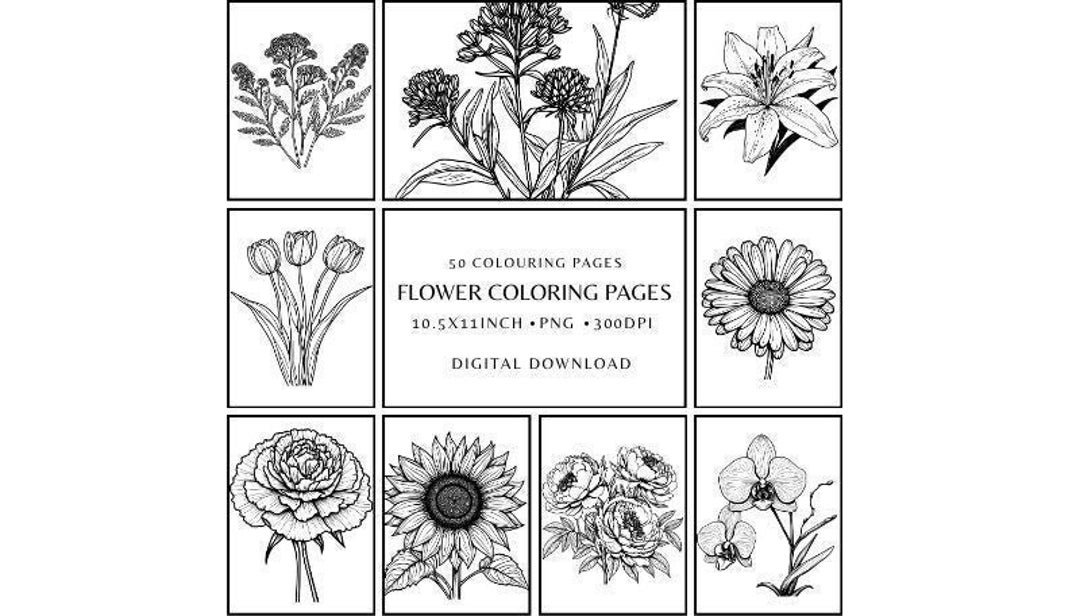 50 Botanical Flower Coloring Pages: Printable Floral Illustrations ...