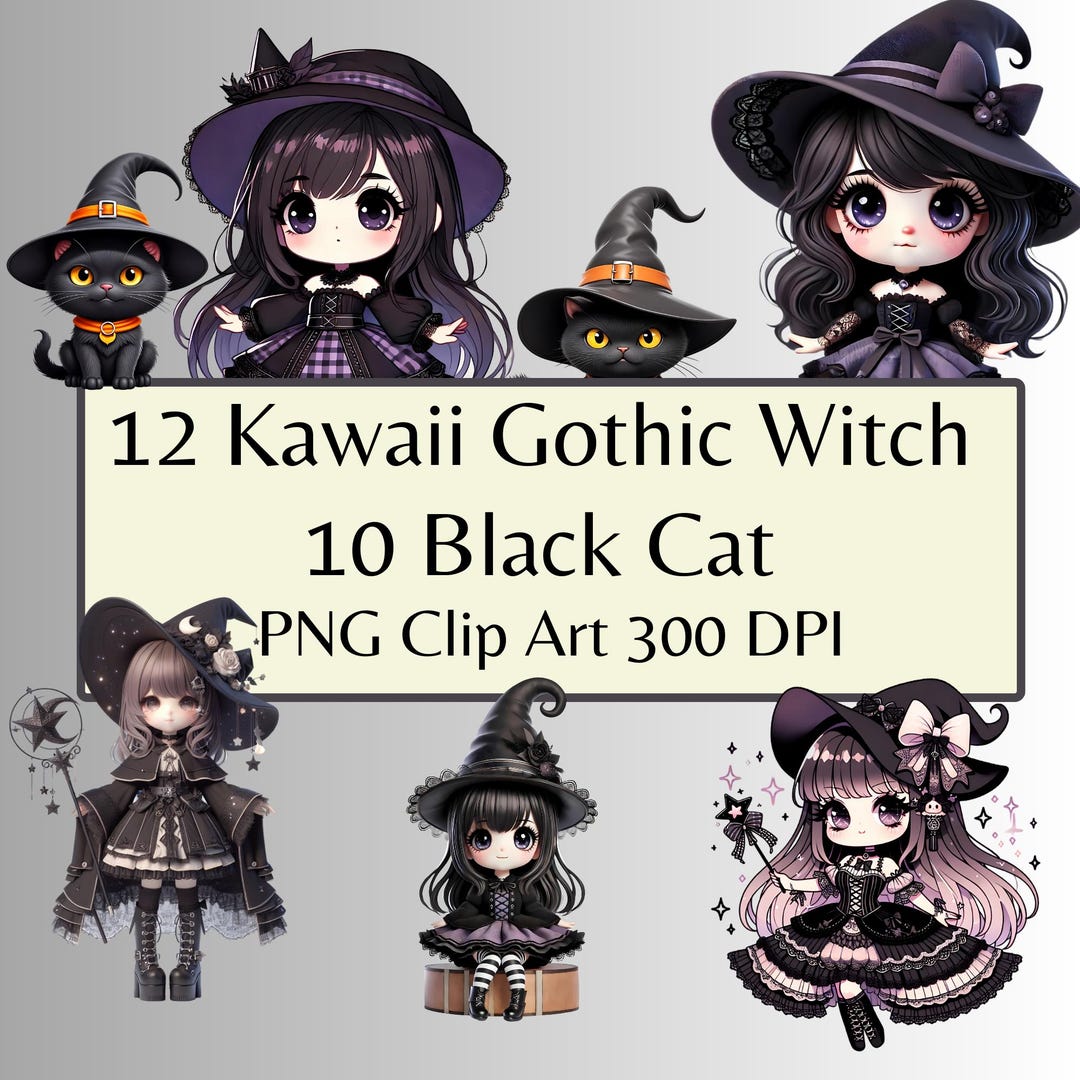 12 Kawaii Gothic Witch PNG Clipart, Cute Halloween 10 Black Cat Digital ...