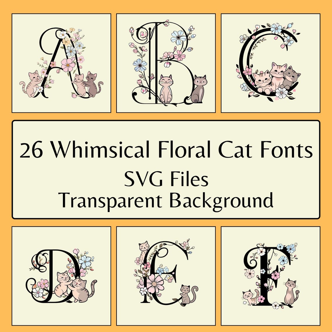 Floral Cat Fonts: 26 Whimsical Handwritten SVG Typography (digital ...