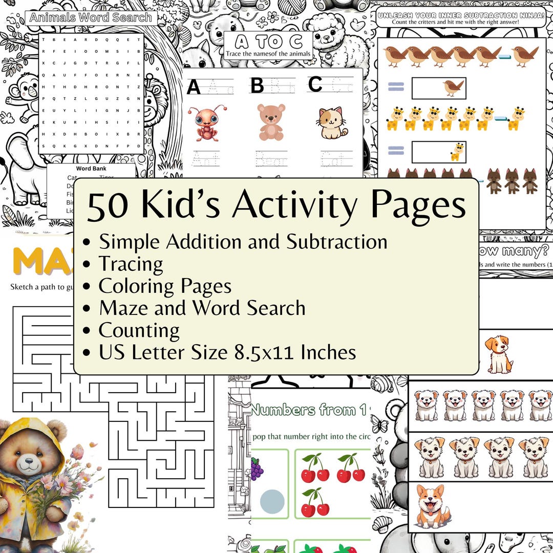 50 Fun Activity Pages for Kids – Printable Coloring Sheets, Puzzles ...