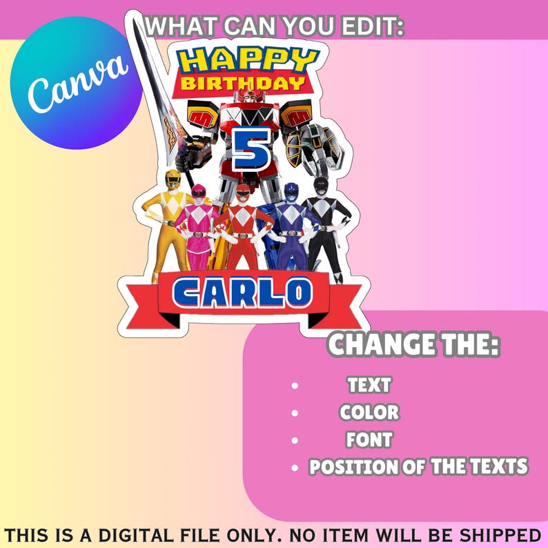 Editable Power Ranger Cake Topper, Rangers Cake Topper, Digital ...