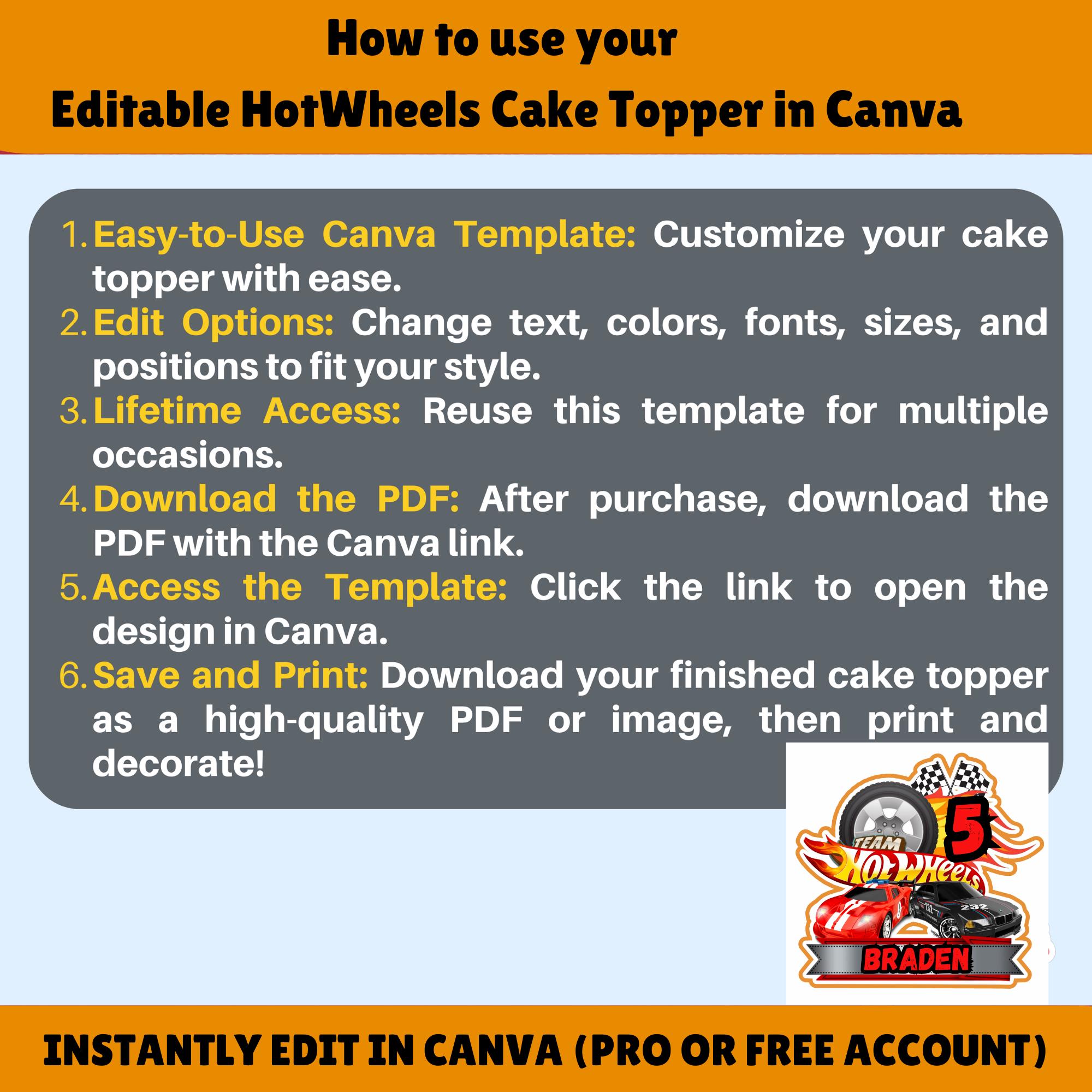 Canvaeditable Car Cake Topper| Hot Wheels Cake Topper| Instant Download ...