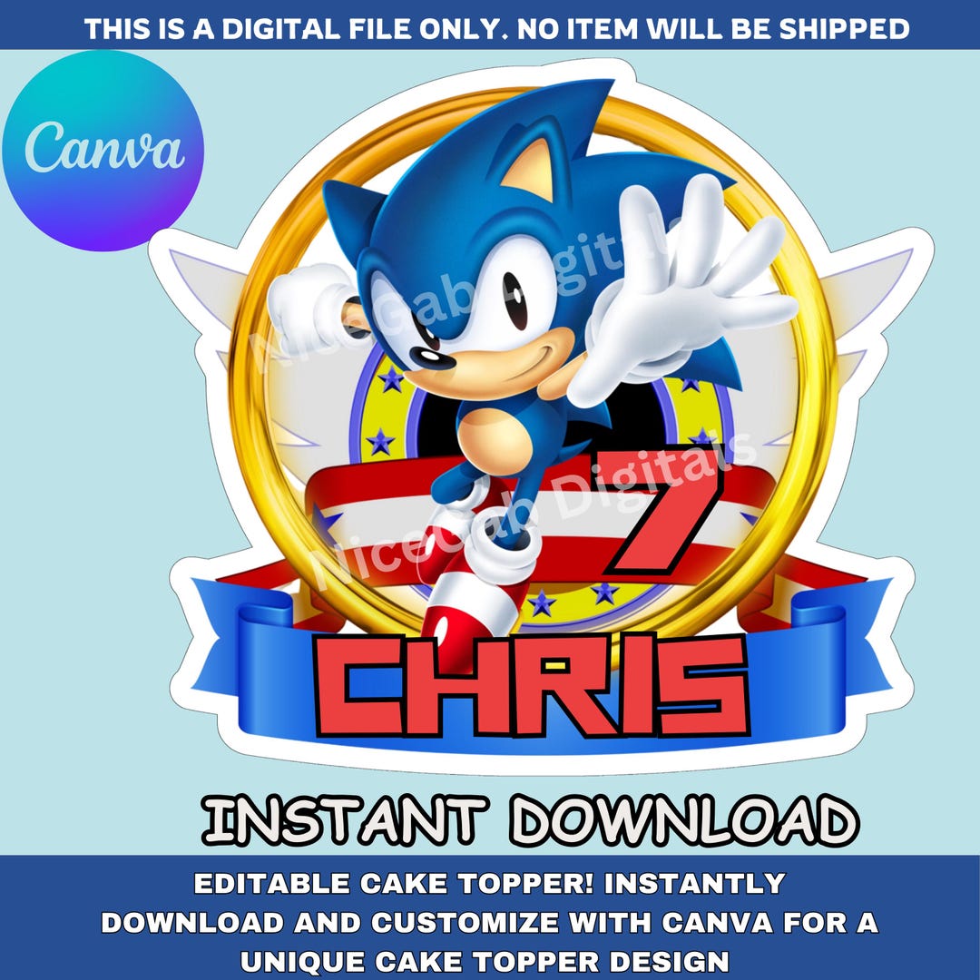 Sonic Blue Speed Hero Cake Topper | Canva Editable Template | Instant Download Birthday Topper ...