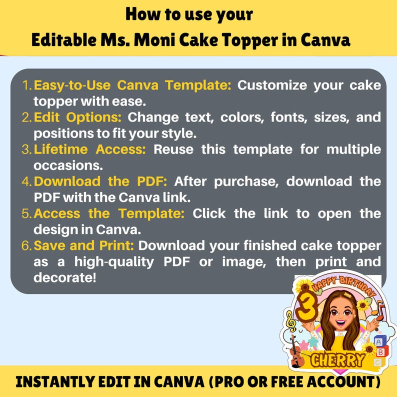 Miss Moni Cake Topper | Canva Editable Template | Digital Download ...