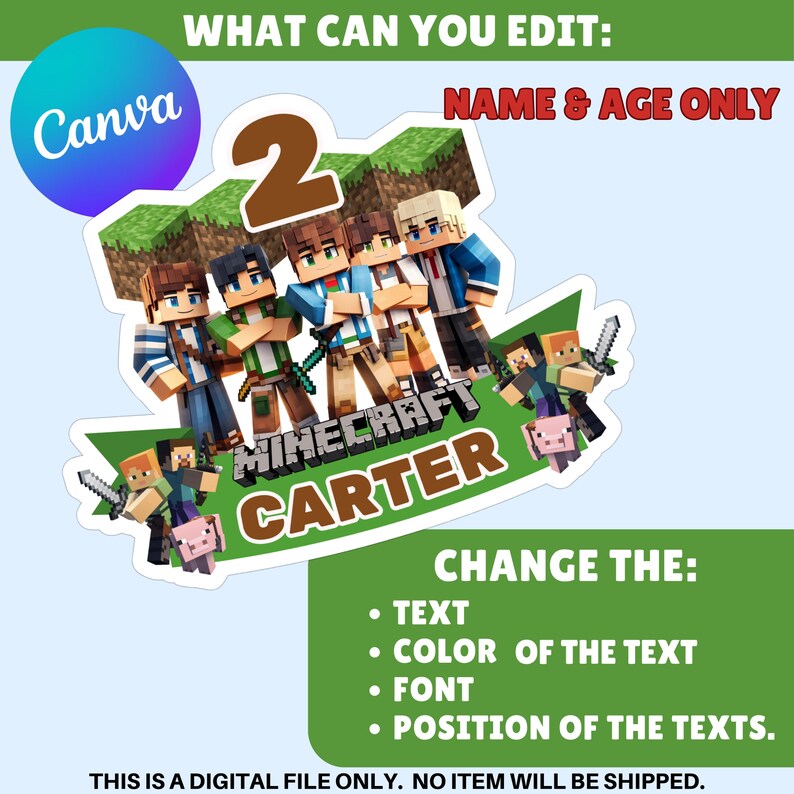 Mcraft Gamer Cake Topper | Editable Canva Template | Digital Instant ...