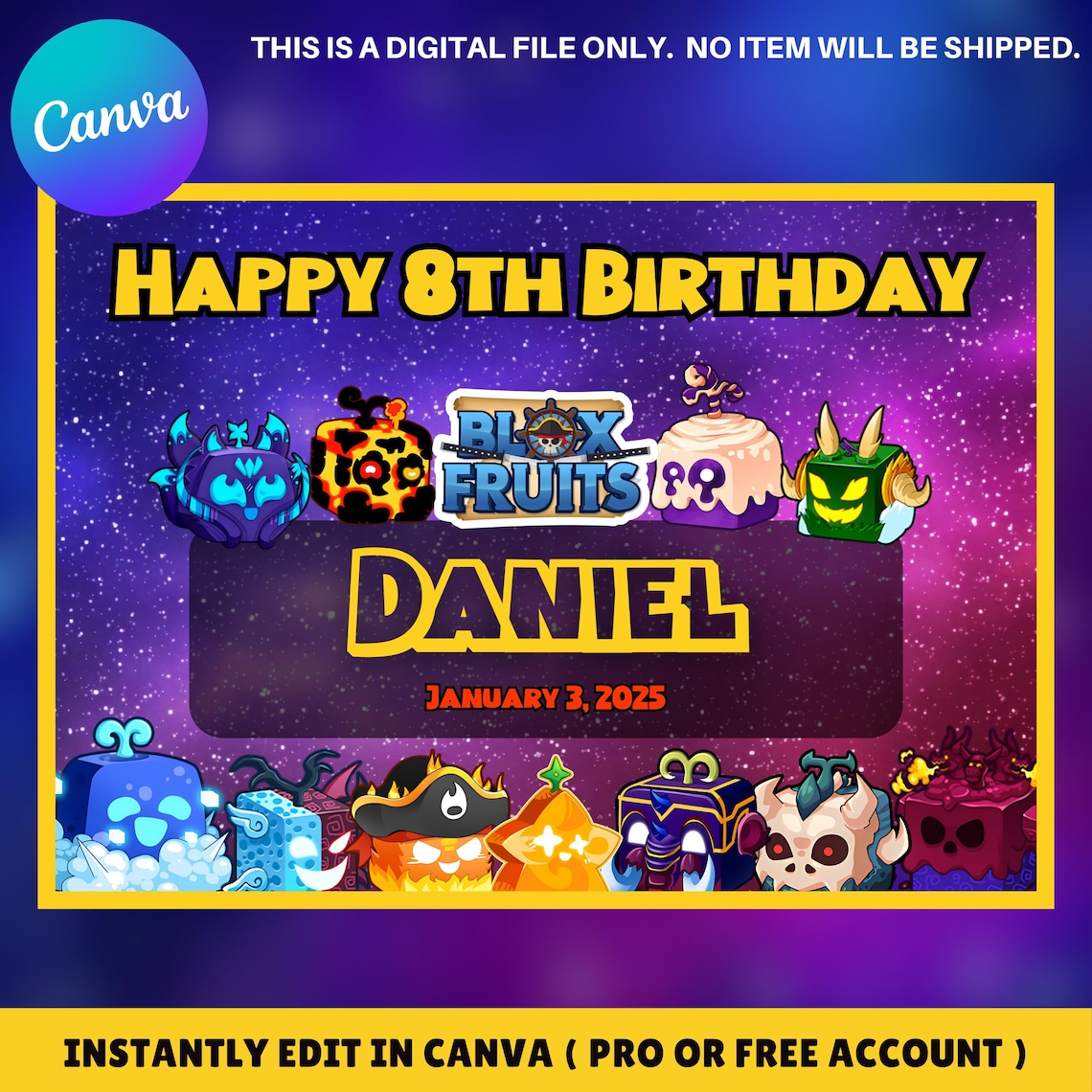 Blox Fruit Birthday Banner: Pirate Game Theme (canva Editable, Digital ...