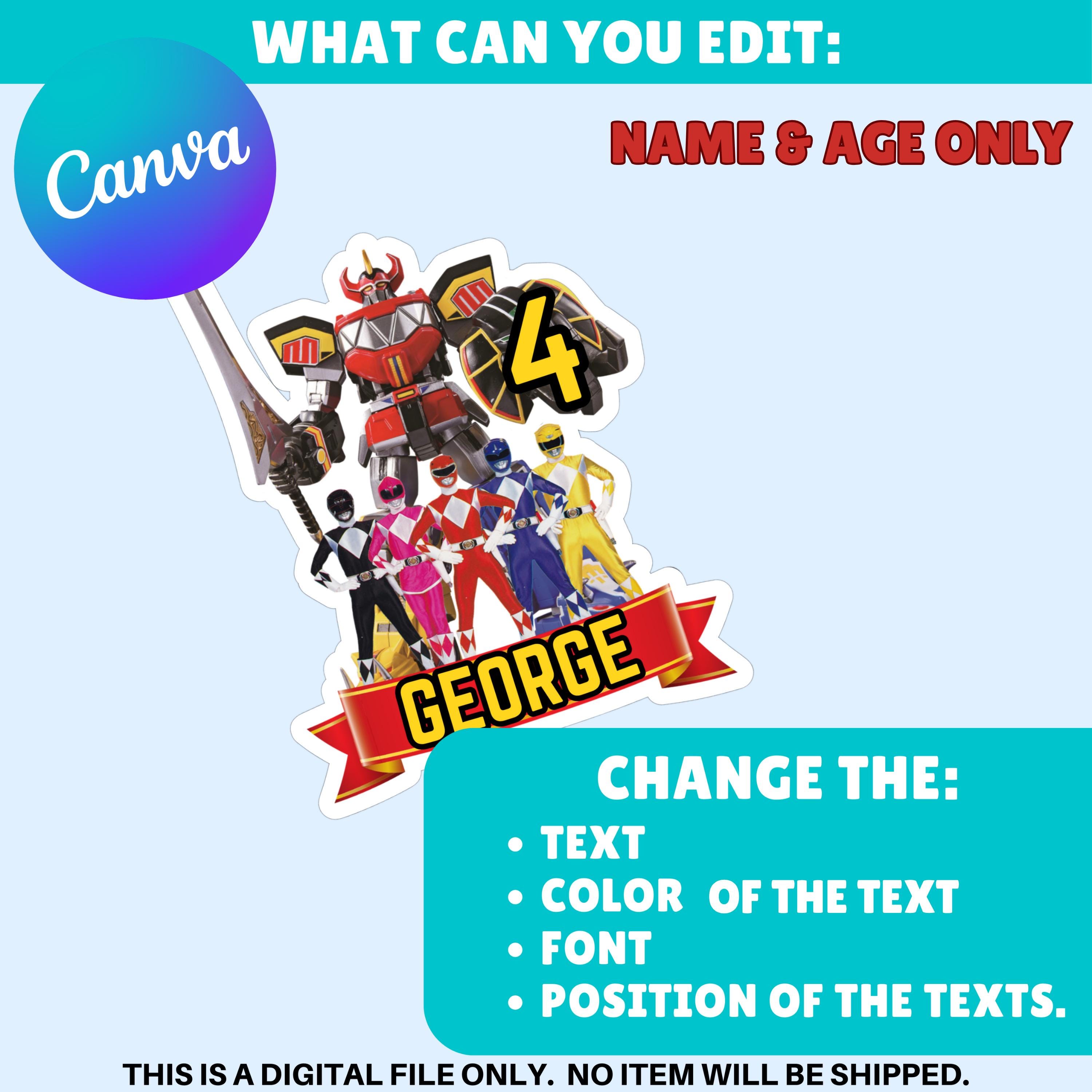 Editable Power Rangers Cake Topper: Birthday Party Decor (digital ...