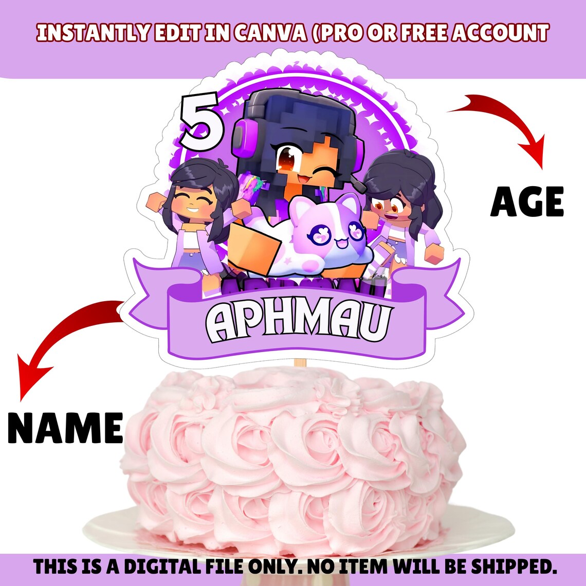 Aphmau Gamer Girl Cake Topper Template | Canva Editable Digital File ...