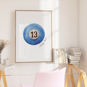 13 Blue Lucky Pool Ball Retro Print Retro Hand-painted Wall Art ...